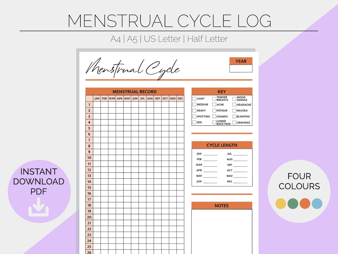 Menstrual Cycle Log Printable Planner Pages Healthcare Record Medical Tracker Journal Women's ...