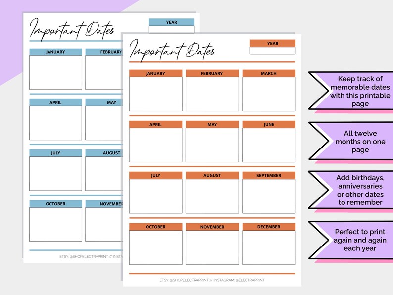 Important Dates List Printable Planner Pages Life Admin Home ...