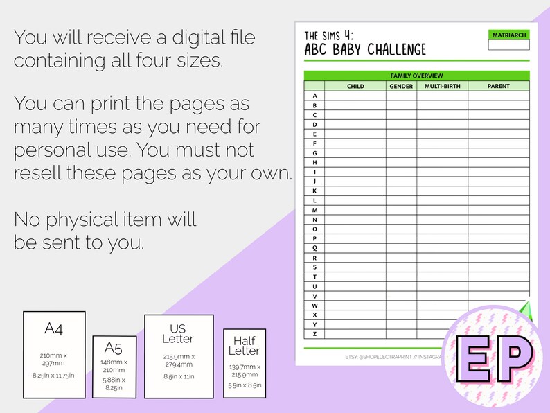 The Sims 4 ABC Baby Challenge Printable Planner Pages Hobby Tracker ...