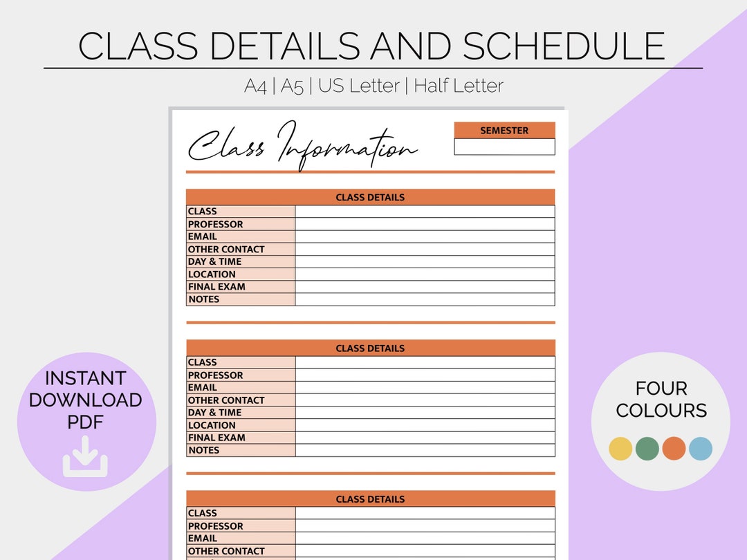 Class Schedule Printable Planner: Student School Log (digital Download ...