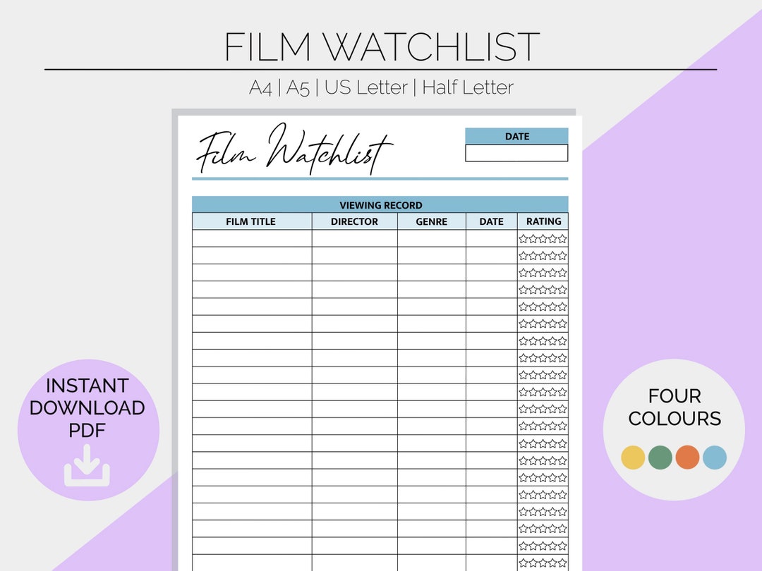 Film Watchlist Log Tracker Printable Planner Pages Hobby Book Movie TV ...