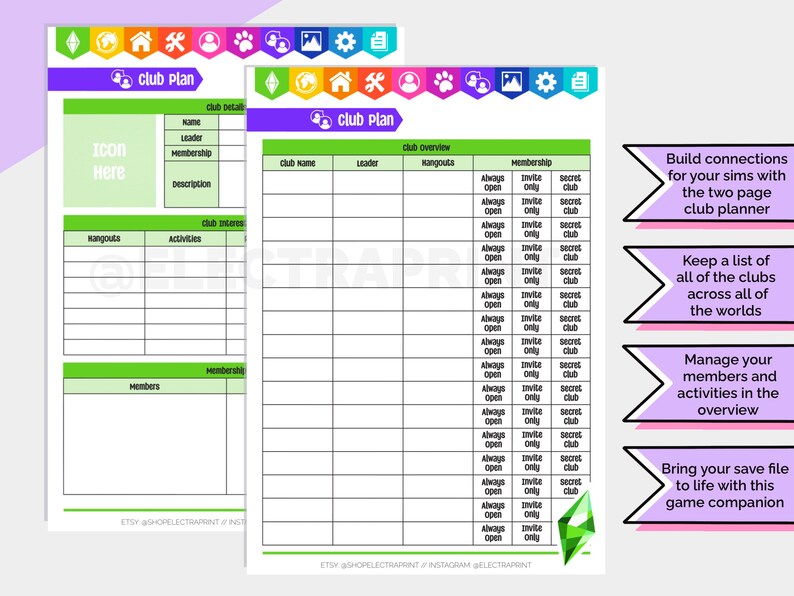 The Sims 4: Club Plan | Printable Planner Pages | Hobby Tracker | PC ...