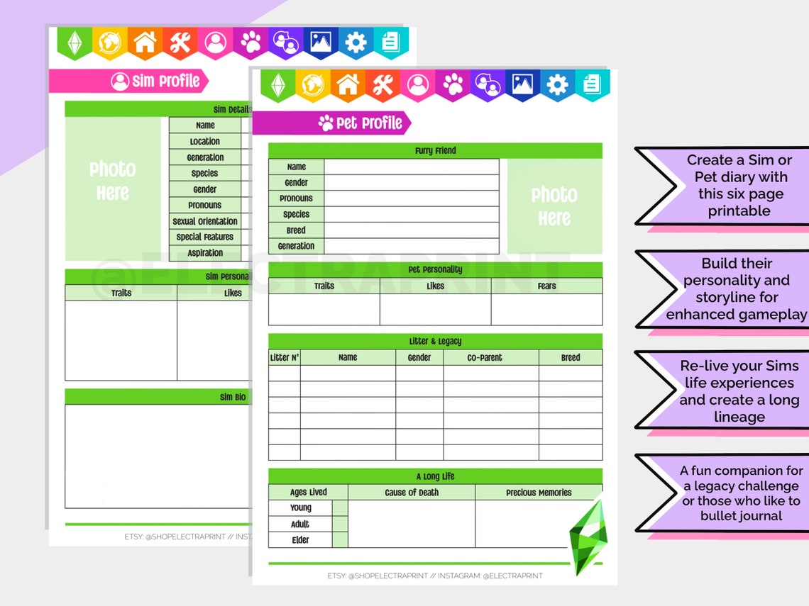 The Sims 4 Sim & Pet Profile Printable Planner Pages Hobby - Etsy UK