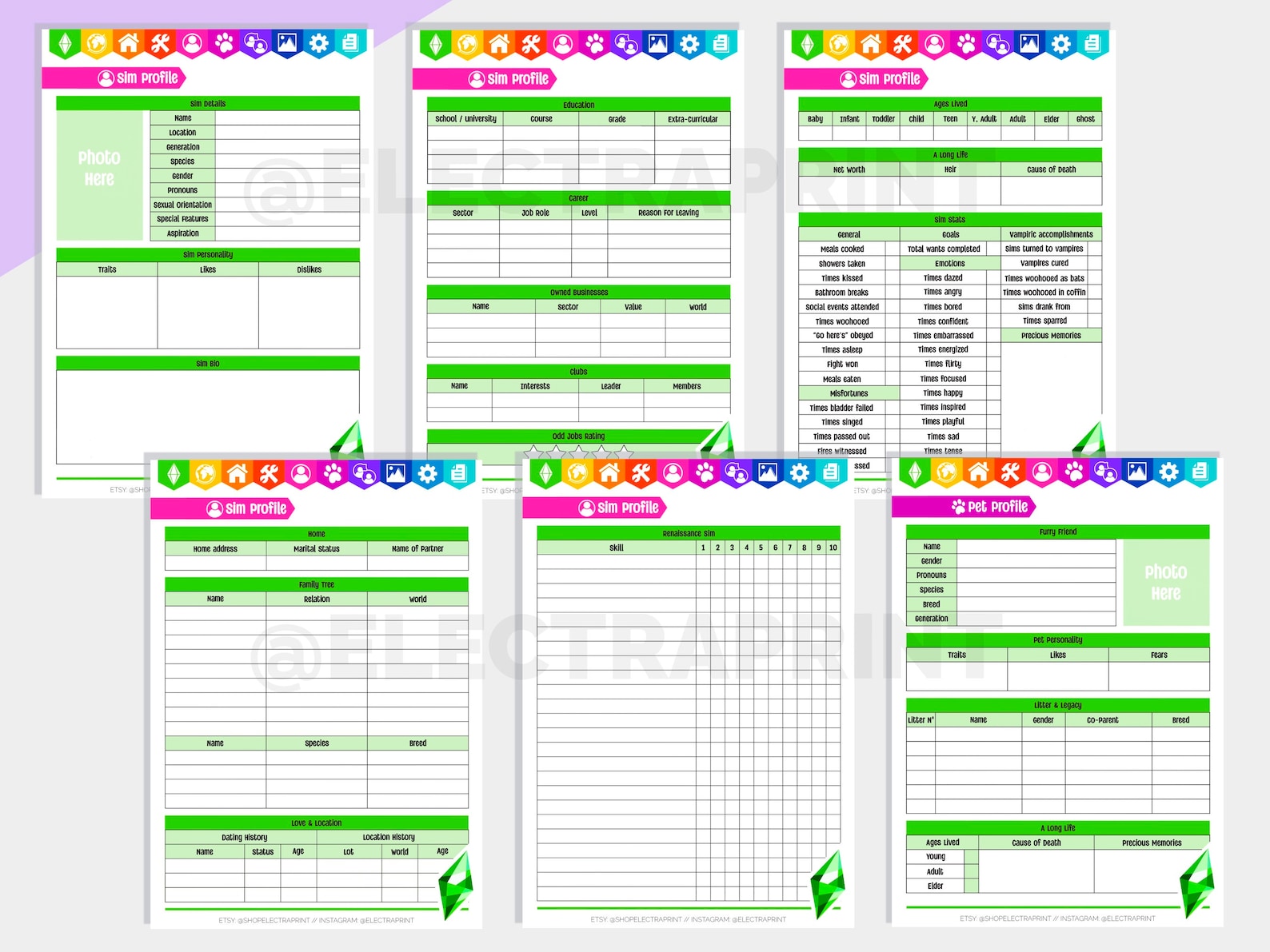 Sims 4 Sim & Pet Profile: Printable Gamer Planner (digital Download) - Etsy