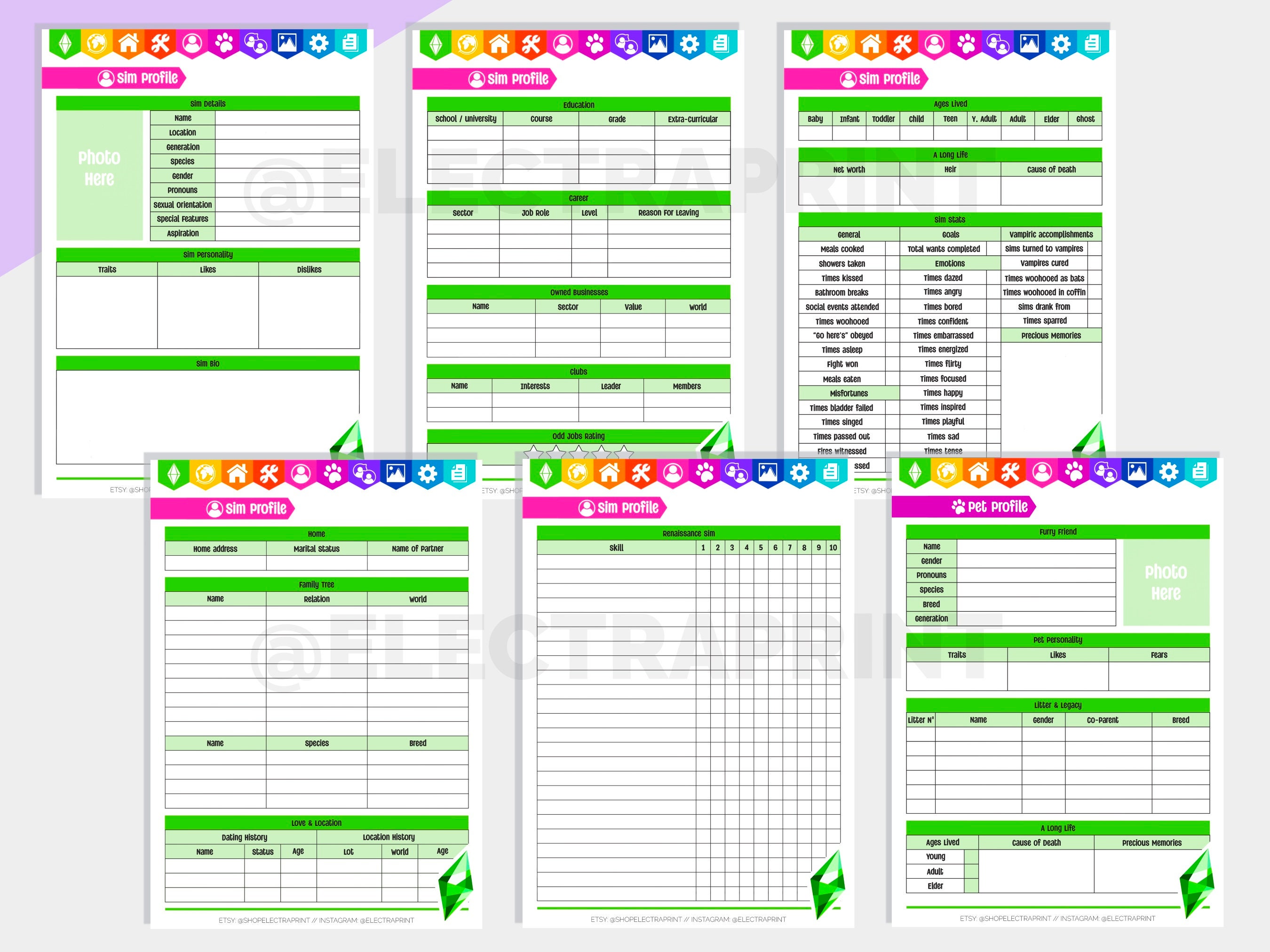 The Sims 4 Sim & Pet Profile Printable Planner Pages Hobby - Etsy Australia