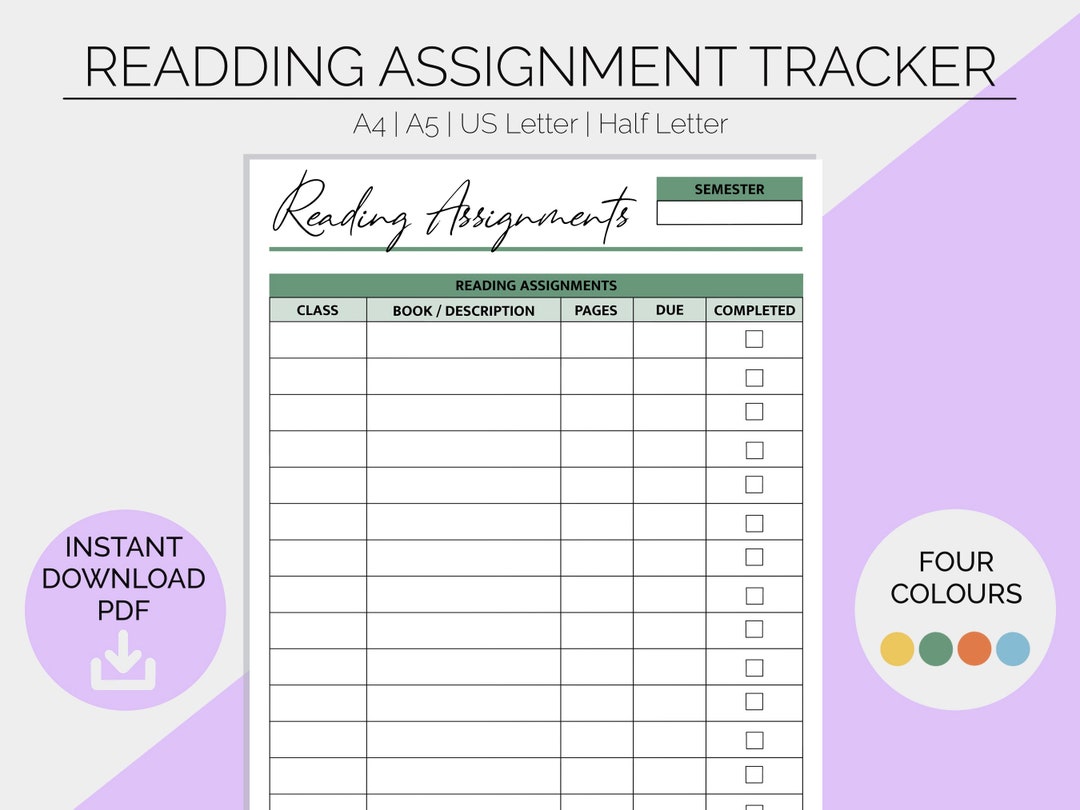 Reading Assignment Tracker: Printable Student Planner (digital Download ...