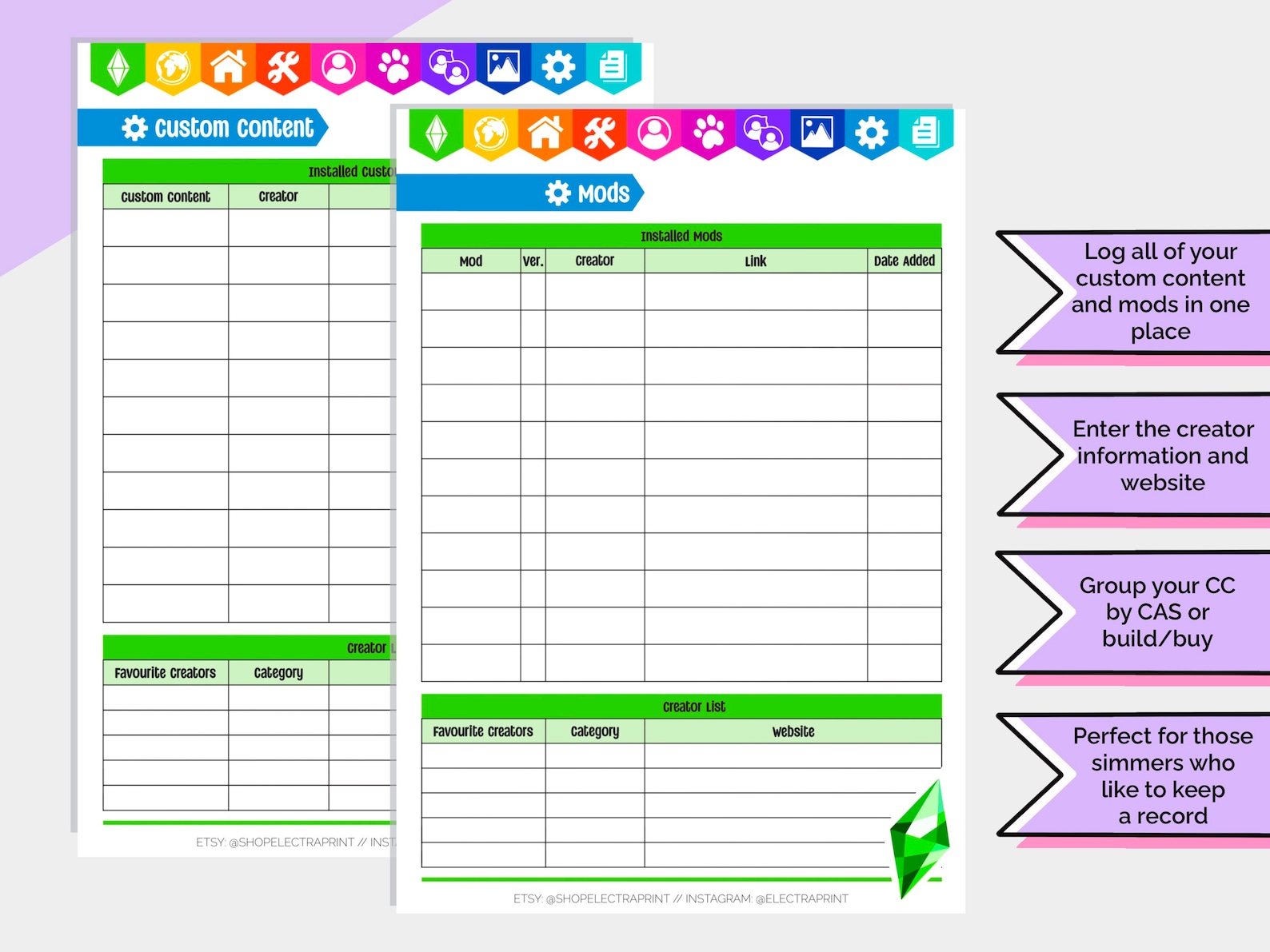 The Sims 4: CC & Mod Plan | Printable Planner Pages | Hobby Tracker ...