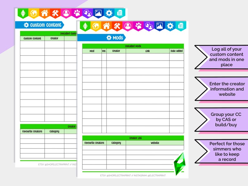 The Sims 4: CC & Mod Plan Printable Planner Pages Hobby Tracker Gamer ...