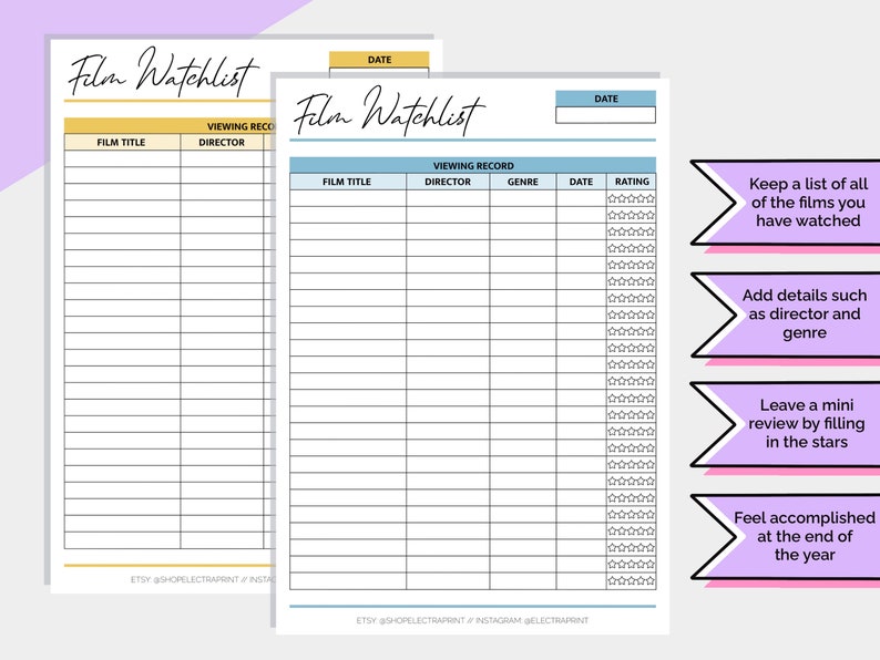 Film Watchlist Log Tracker Printable Planner Pages Hobby Book Movie TV ...