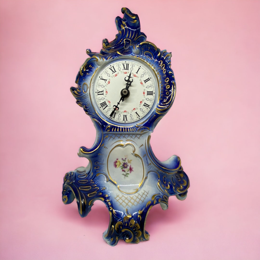 Vintage Golddecor German Porcelain Clock | Baroque Style Blue and Gold ...