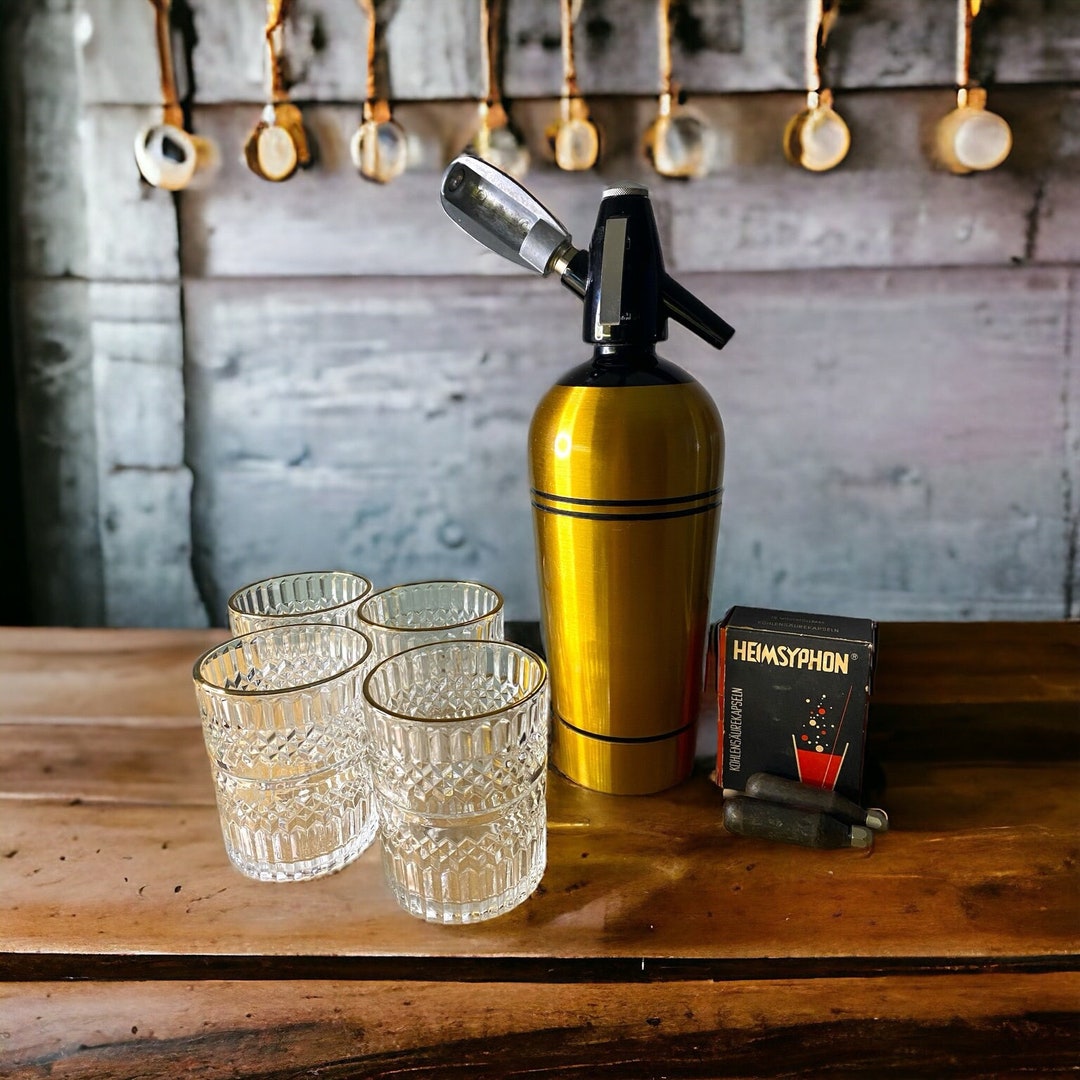 Vintage German Seltzer Bottle Set - Metallic Gold Soda Siphon With 4 ...