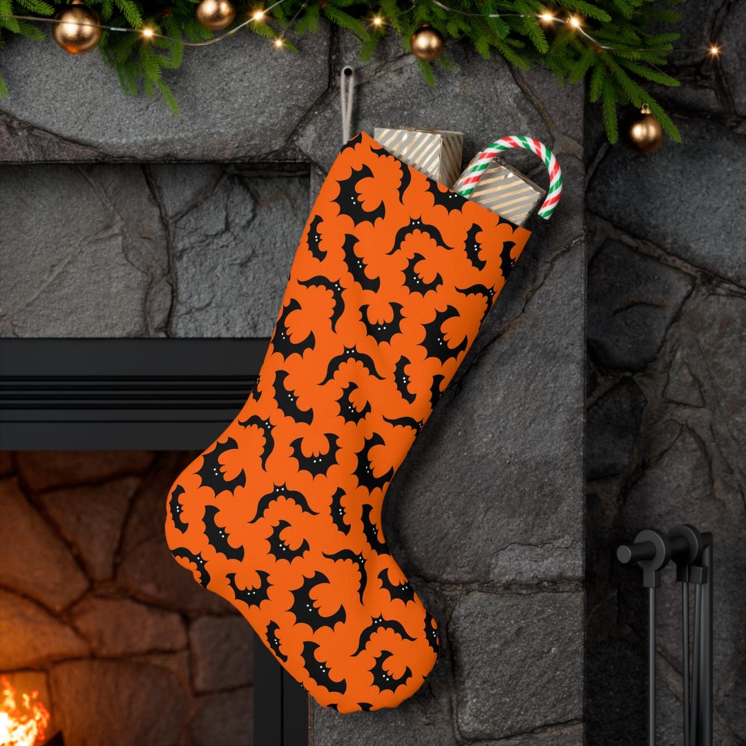 Orange Bats Gothic Christmas Stocking, Halloween Spooky Christmas, Goth ...