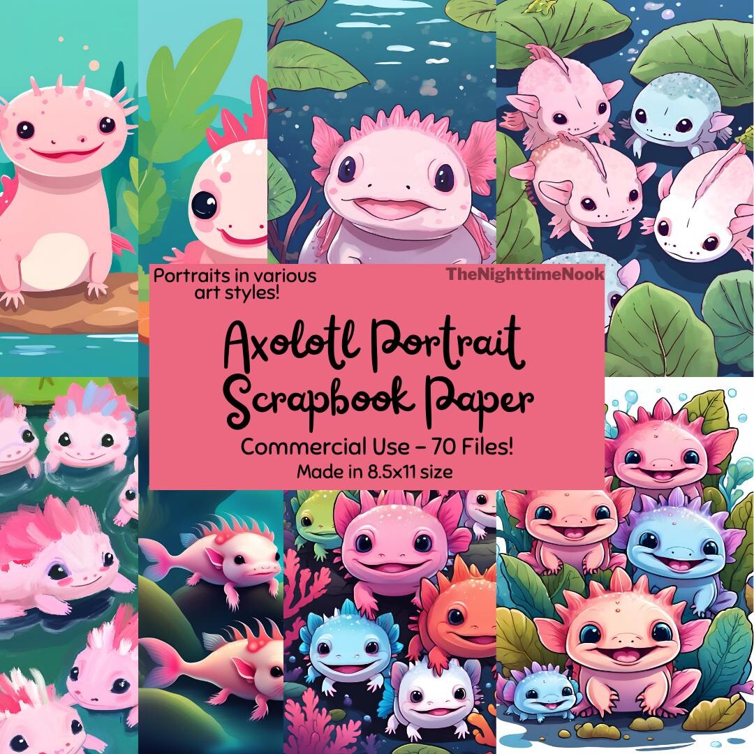 Axolotl Portrait Scrapbook Paper Bundle, Cut File Kawaii Anime Axolotl ...