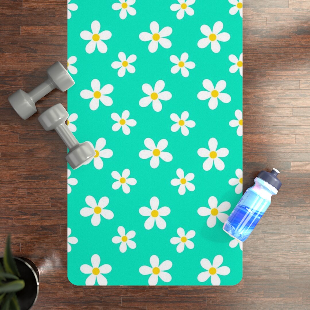 Aqua Teal Daisy Floral Yoga Mat, Custom Personalized Yoga Mat, Coquette ...