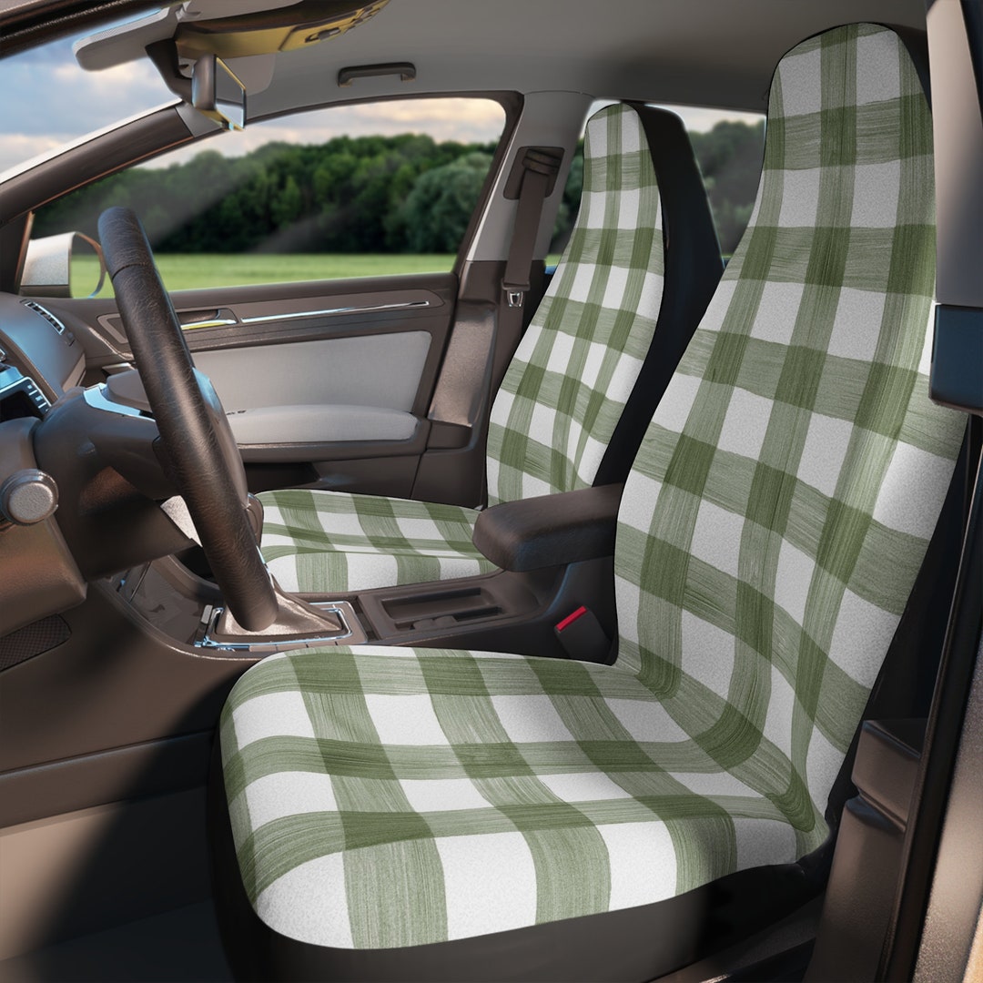 Green Gingham Car Seat Cover, Retro Vintage Boho Car Accessories Women ...