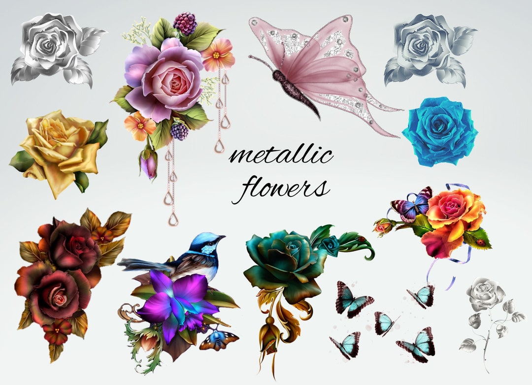 Metallic Flower PNG/ Beautiful Flower Butterfly PNGS Digital Download ...