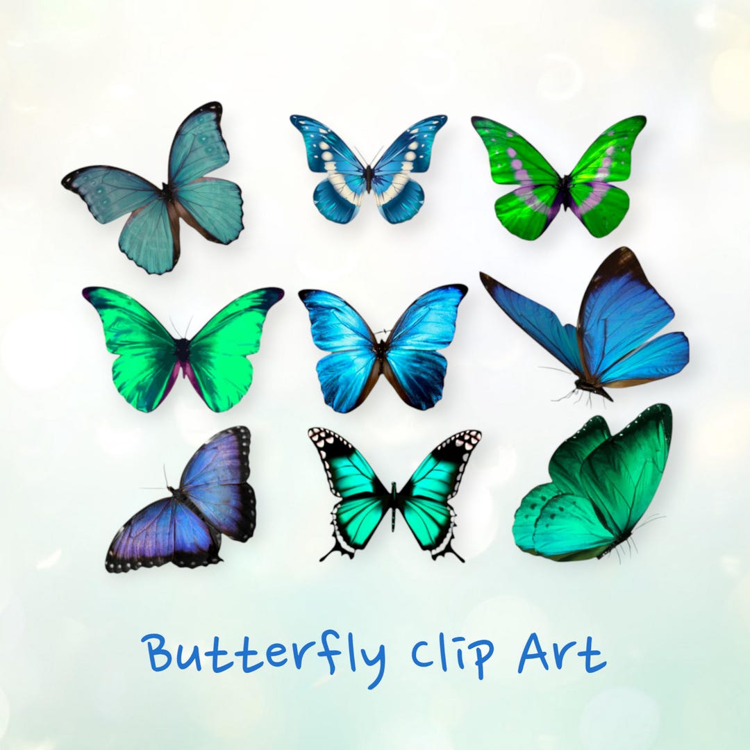 Blue & Green Butterfly Clip Art: Floral PNG Graphics (digital Download ...