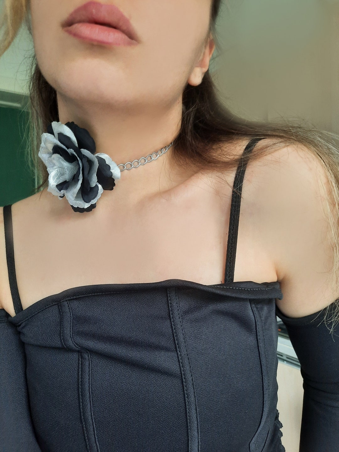 Rose Flower Choker Necklace, Chokers, Silver-black Colored, Silver ...