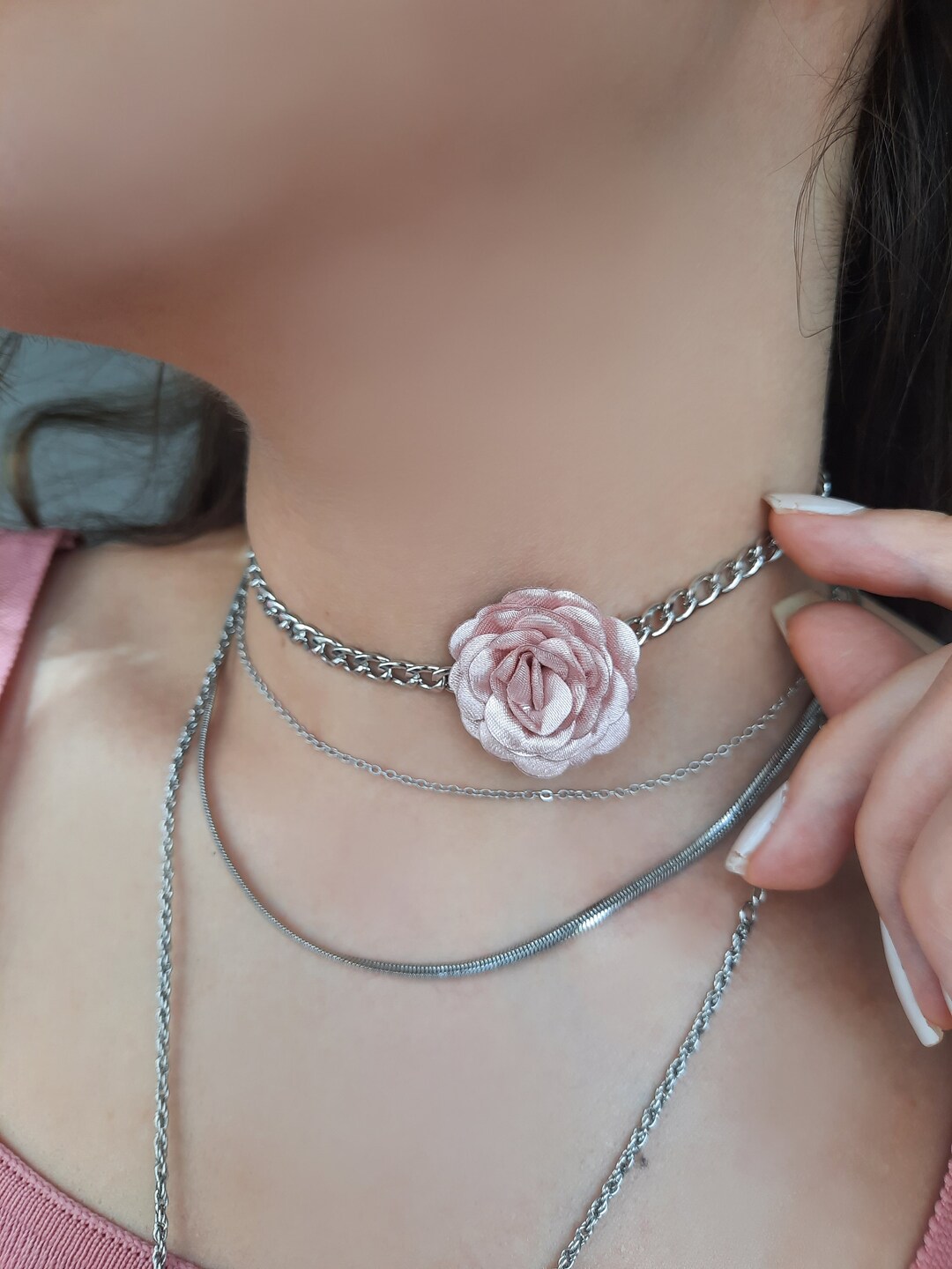 Flower Choker Necklace, Rose Choker Necklace Pink Rose Chokers, Choker ...