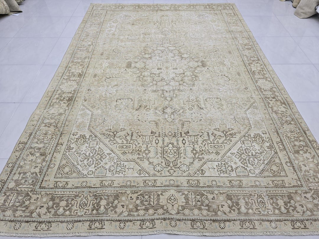 Classic Vintage Turkish Rug Muted Beige, Sea Foam Green-blue & Brown (8 ...
