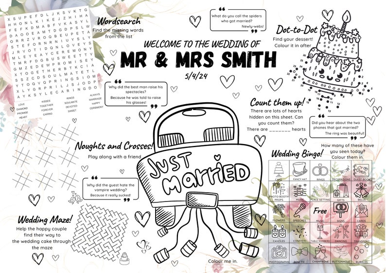 Pink and Blue Floral Kids Wedding Activity Sheet - Etsy