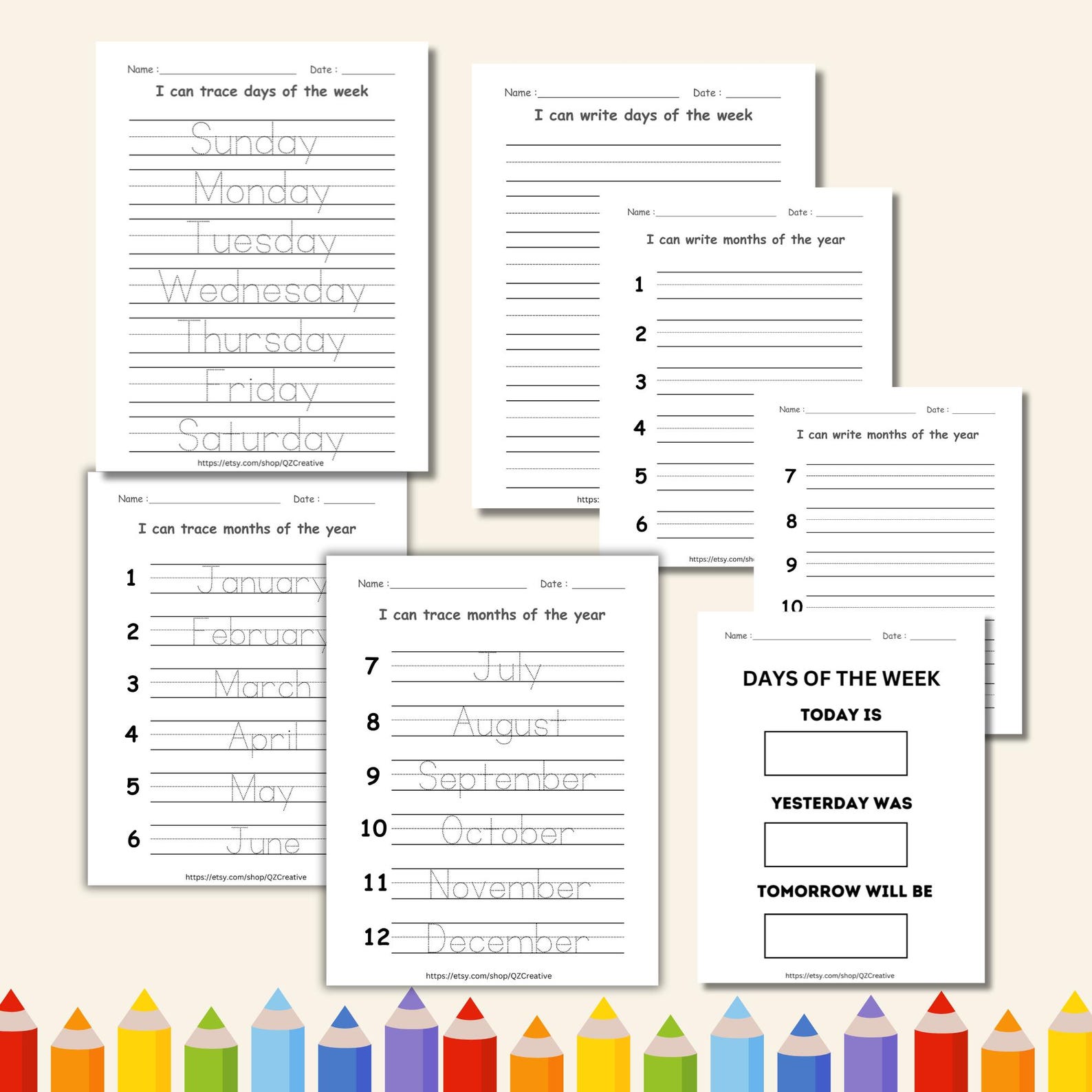 Tracing Months Preschool Worksheets, Days of the Week Printable ...