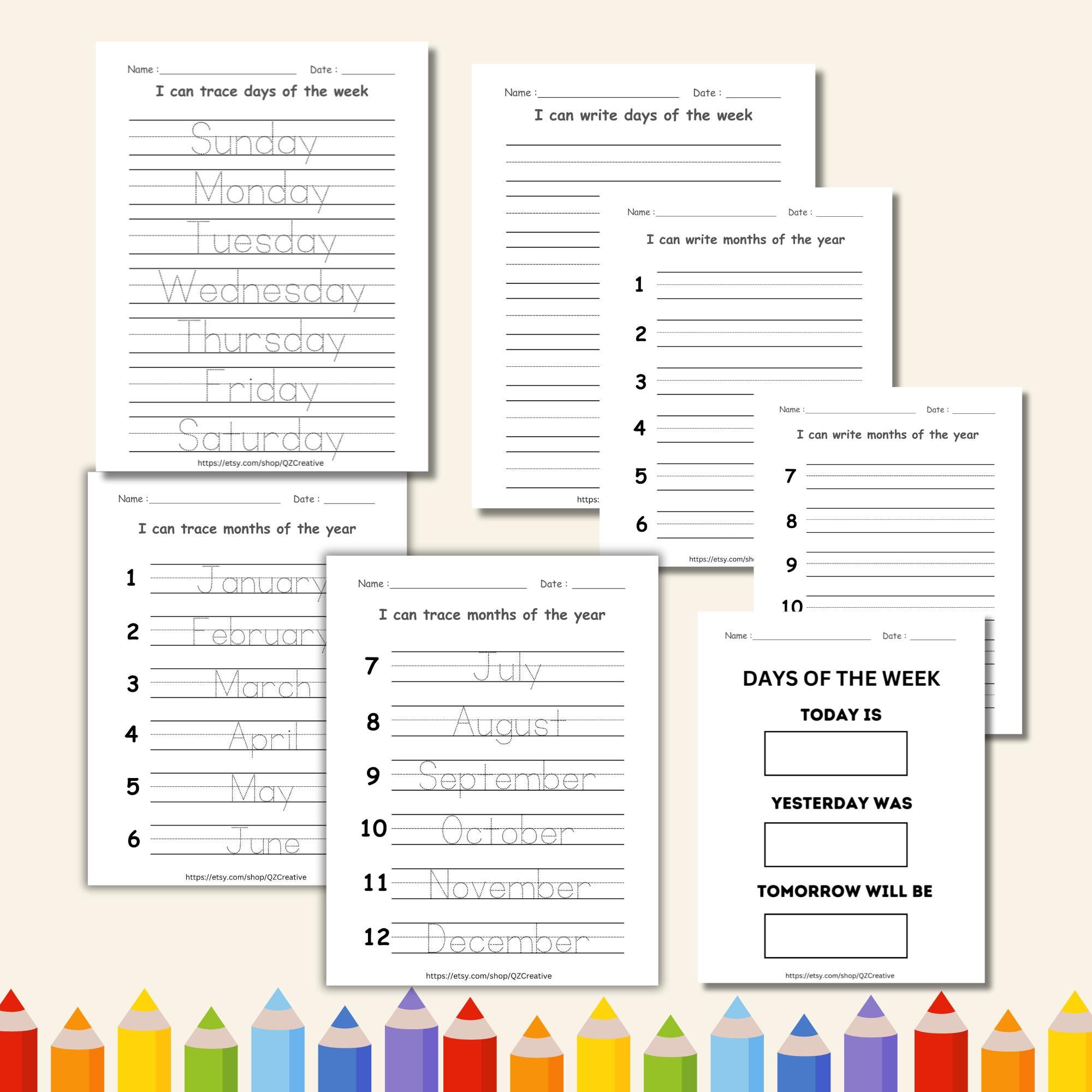 Tracing Months Preschool Worksheets, Days of the Week Printable ...