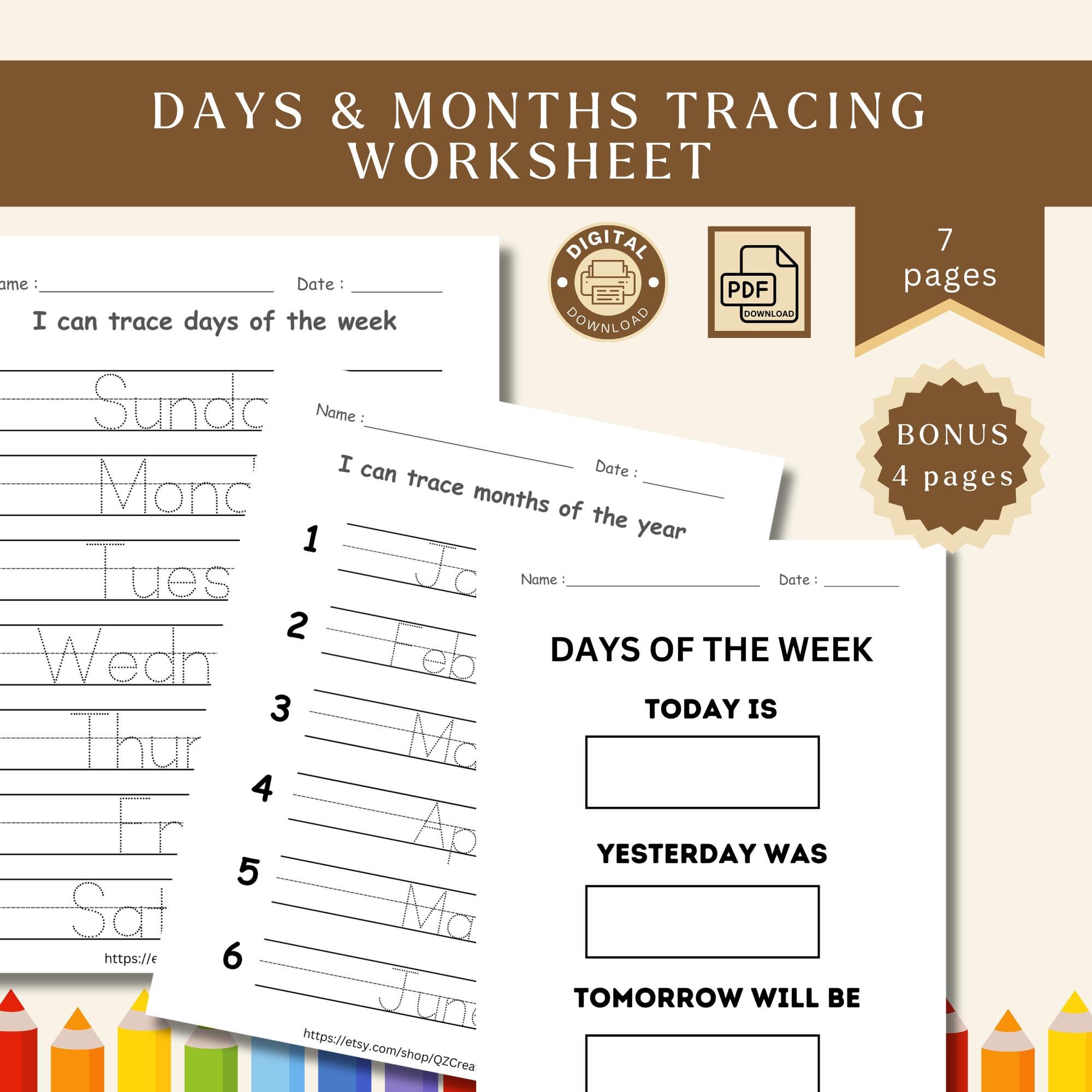 Tracing Months Preschool Worksheets, Days of the Week Printable ...