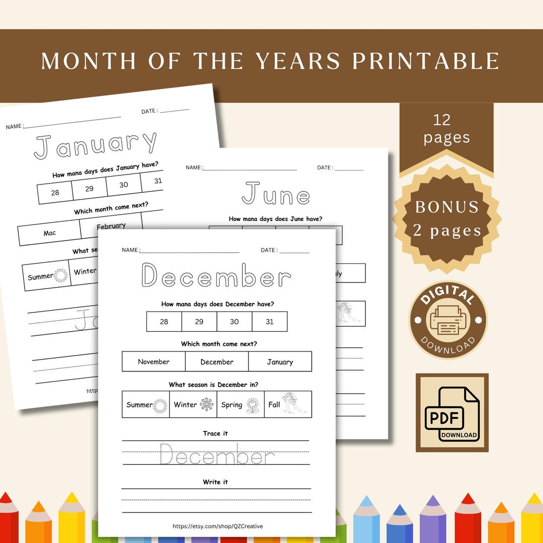 Tracing Months of the Year Worksheets Printable, Kindergarten ...