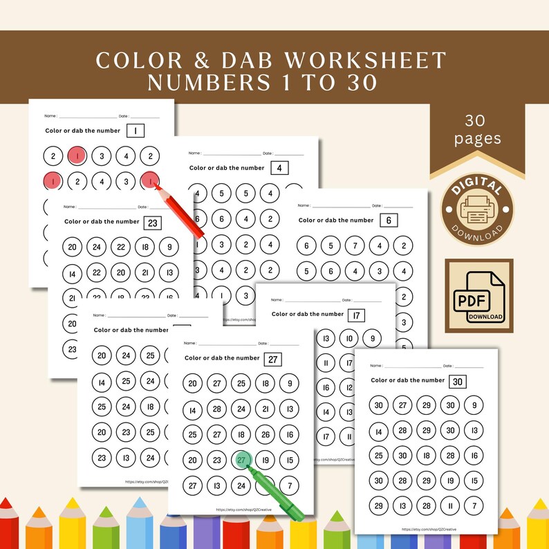 Numbers 1-30, Printable Numbers Dab It Worksheets, Dot Markers ...