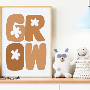 Kids Neutral Wall Art, Retro Floral Poster, grow Nursery Decor, Digital ...