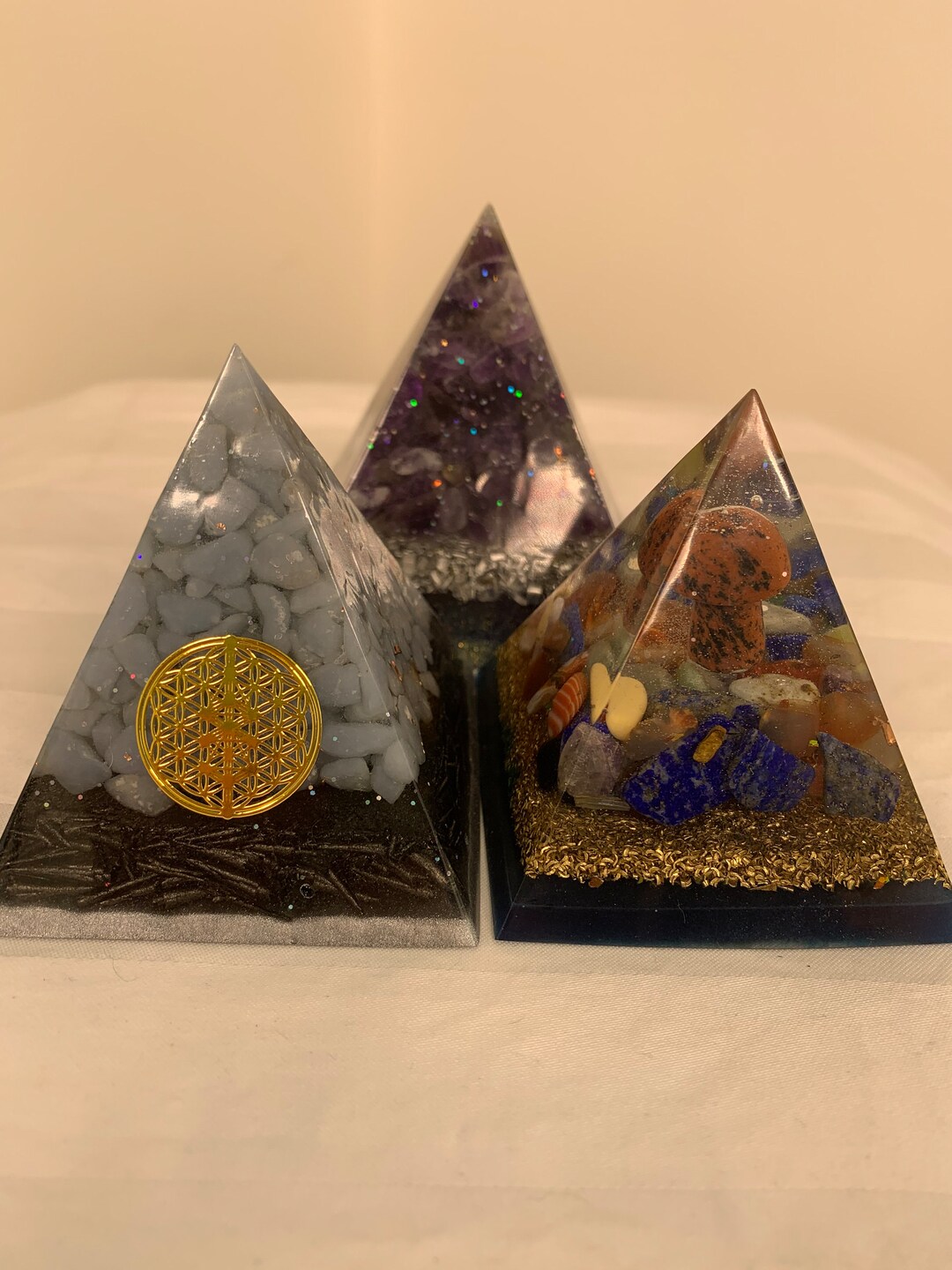 Set of 3 Orgone Generators Pyramids Amethyst, Angelite, Mixed Crystal ...