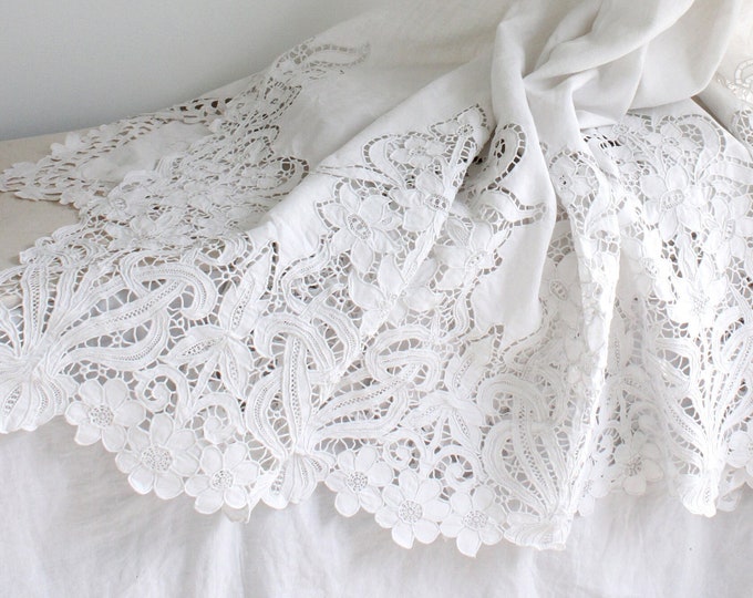 Antique French Trousseau Sheet Linen Heavily Embroidered With Richelieu ...