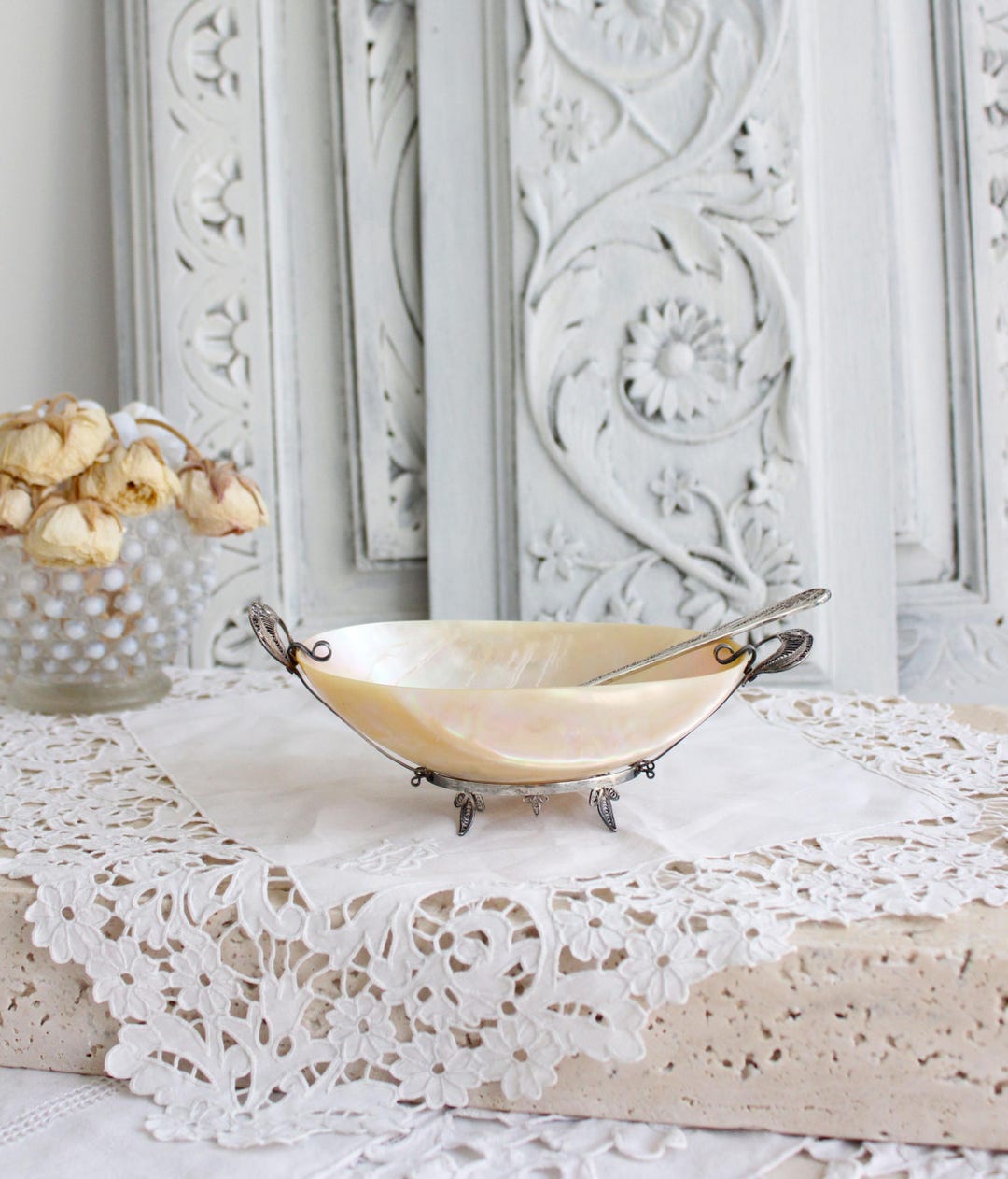 Antique Silver & Mother of Pearl Filigree Large Caviar Serving Dish and ...