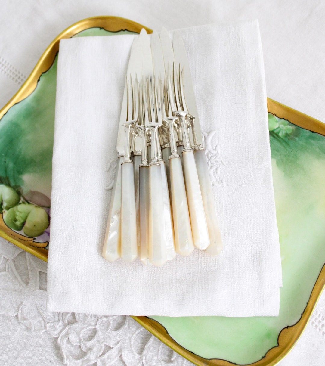 Antique Solid Silver Cutlery Set With Carved Mother of Pearl Handles in ...