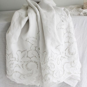 Magnificent Antique French Trousseau Sheet Pure Fil De Lin Embroidered ...