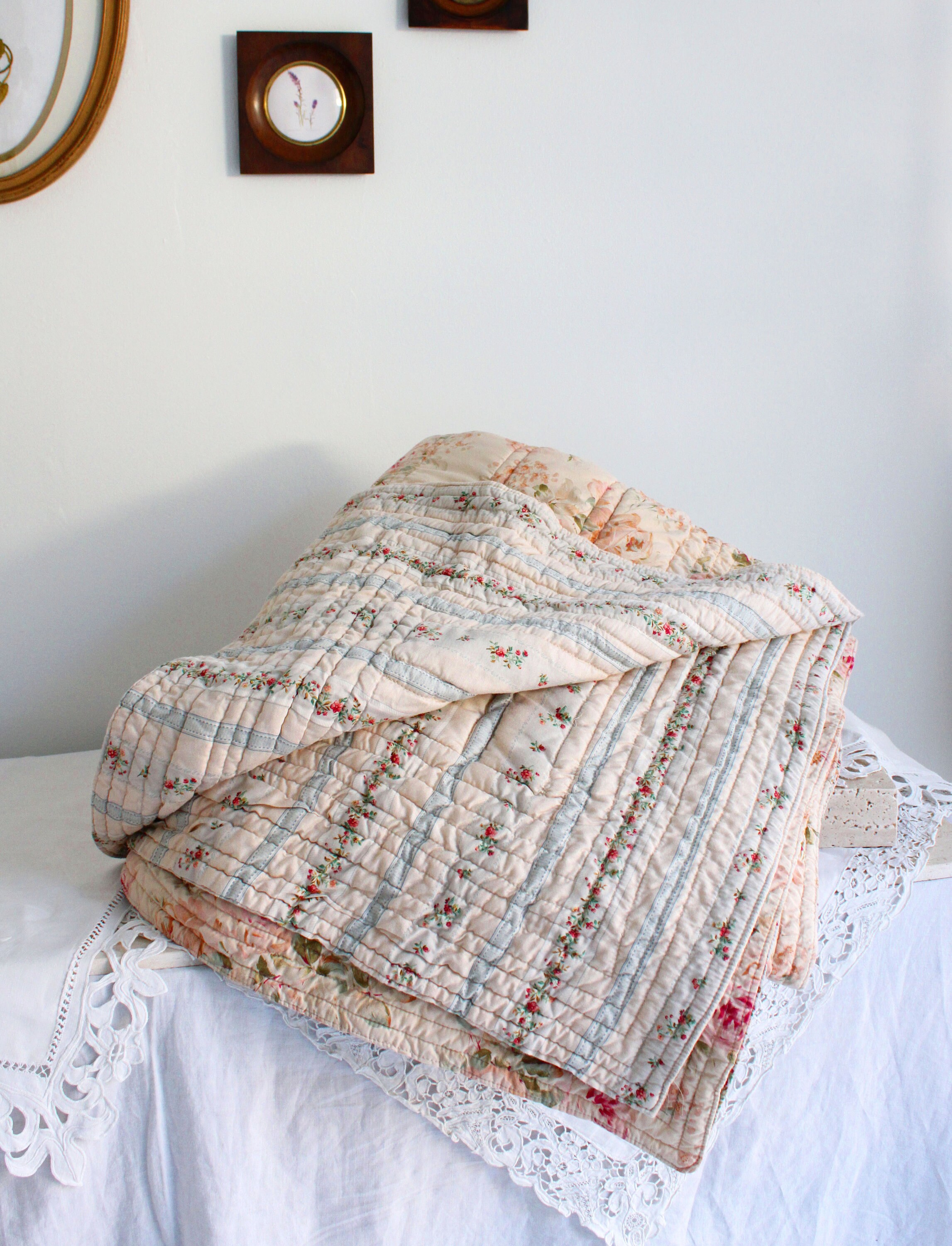 Handmade Floral Boutis Quilt Vintage Floral Sheets Wool Batting Full or ...