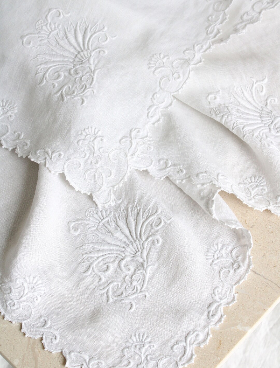 Antique French Tea Tablecloth Heavily Embroidered in Pure Fine Linen ...