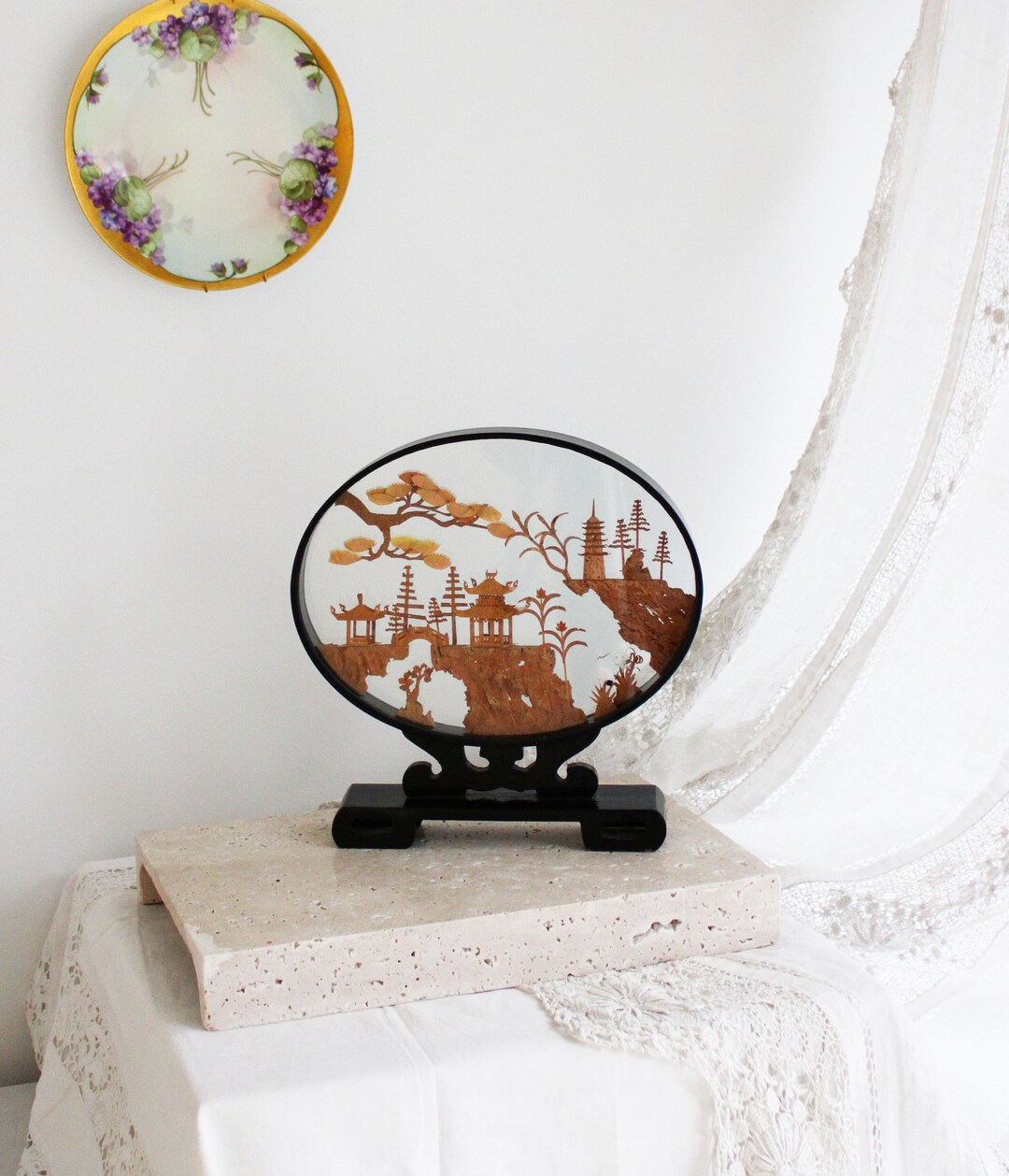 Vintage Chinese Cork Sculpture Large Round Glass Diorama Cork Carving ...