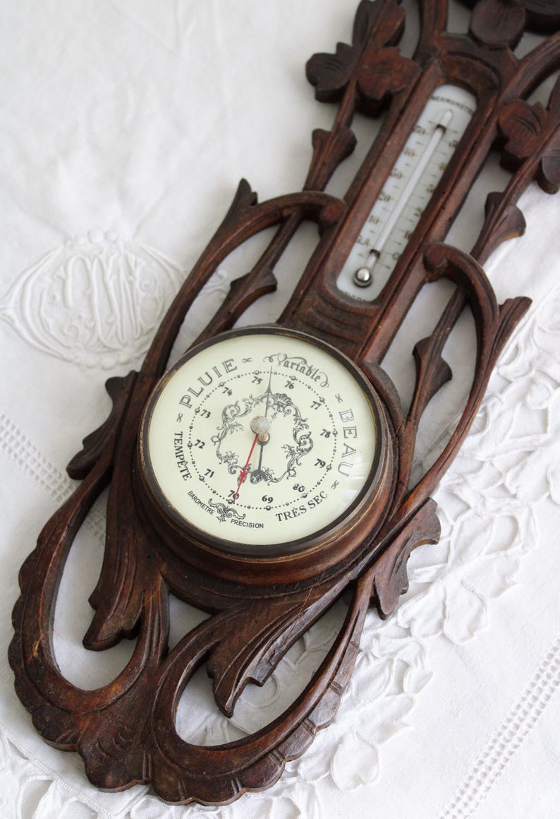 Barometer Antique French Black Forest Carved Wood Weather Station Art ...