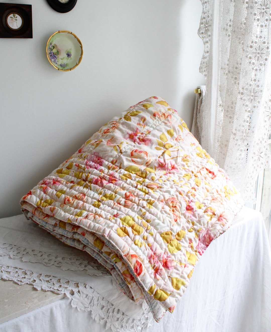 French Boutis Style Queen Quilt Handmade Floral Cotton Sateen & Wool ...