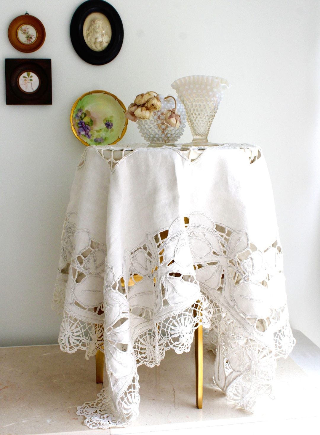 Antique French Tablecloth Embroidered in Pure Linen With Richelieu ...