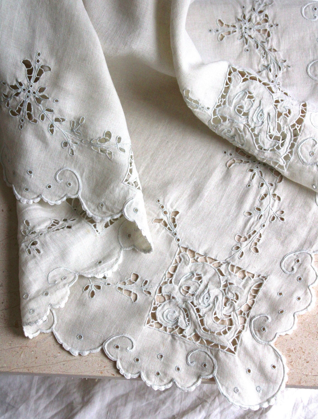 Antique French Tablecloth Heavily Embroidered in Pure Linen Richelieu ...