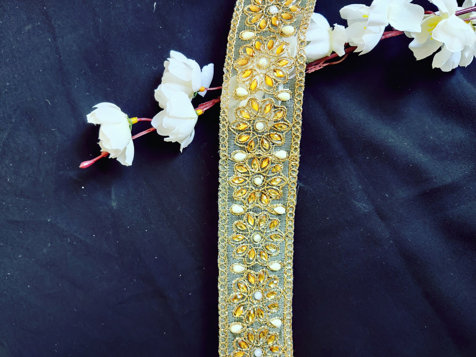 1 Yard Decorative Trim Ribbon Costume Lace Metallic Beaded Gold Stone ...