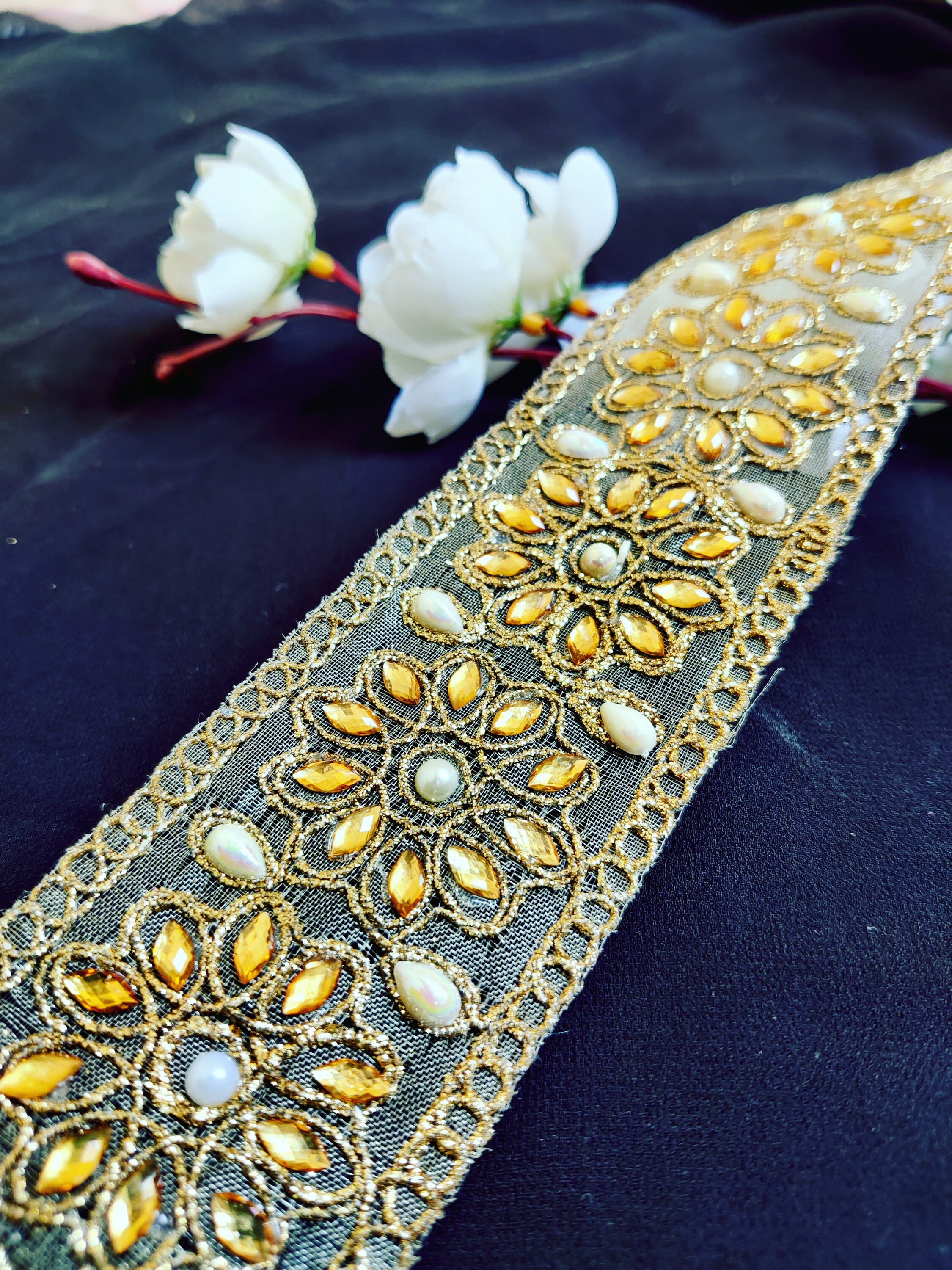 1 Yard Decorative Trim Ribbon Costume Lace Metallic Beaded Gold Stone ...