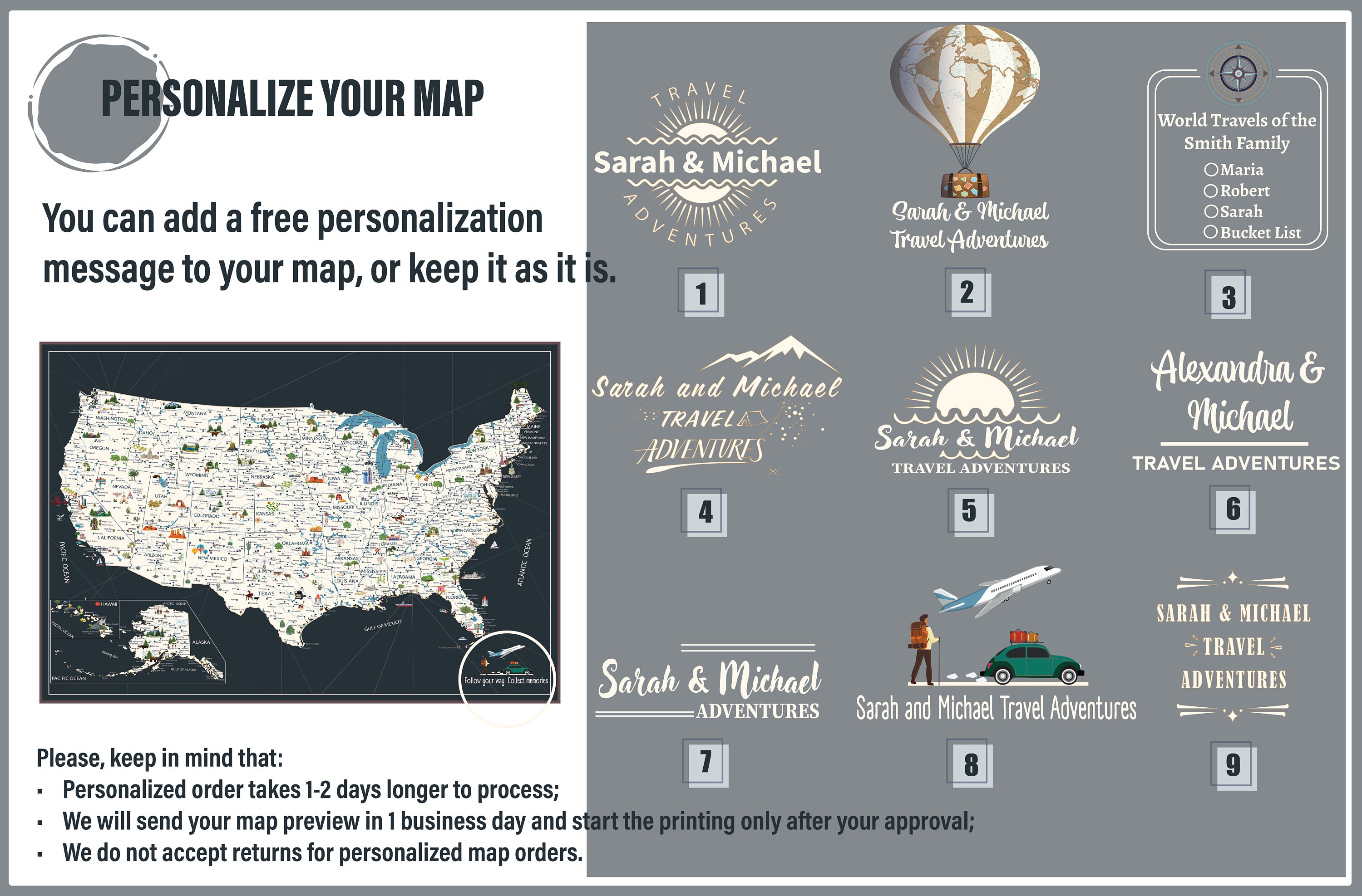 USA Travel Map Illustrated Map Personalized Travel Map National Parks ...