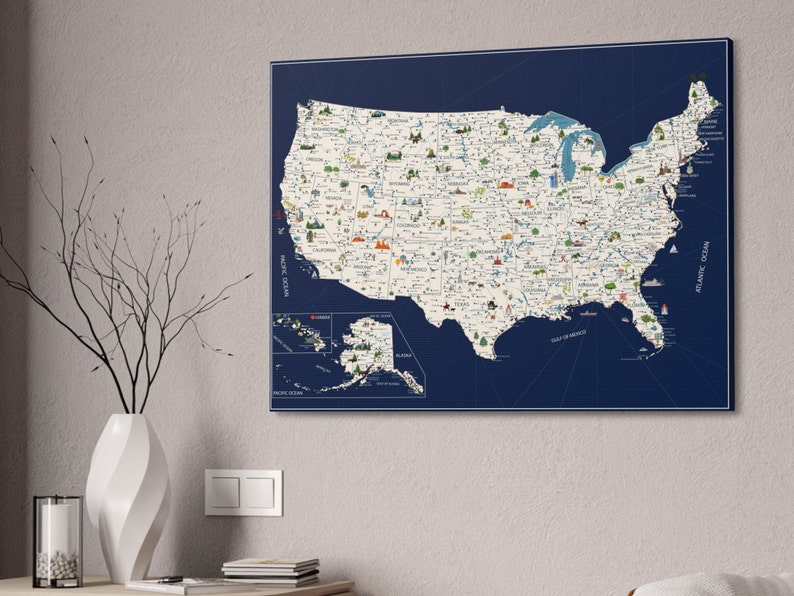 USA Travel Map Illustrated Map Personalized Travel Map National Parks Landmarks Push Pins Map ...