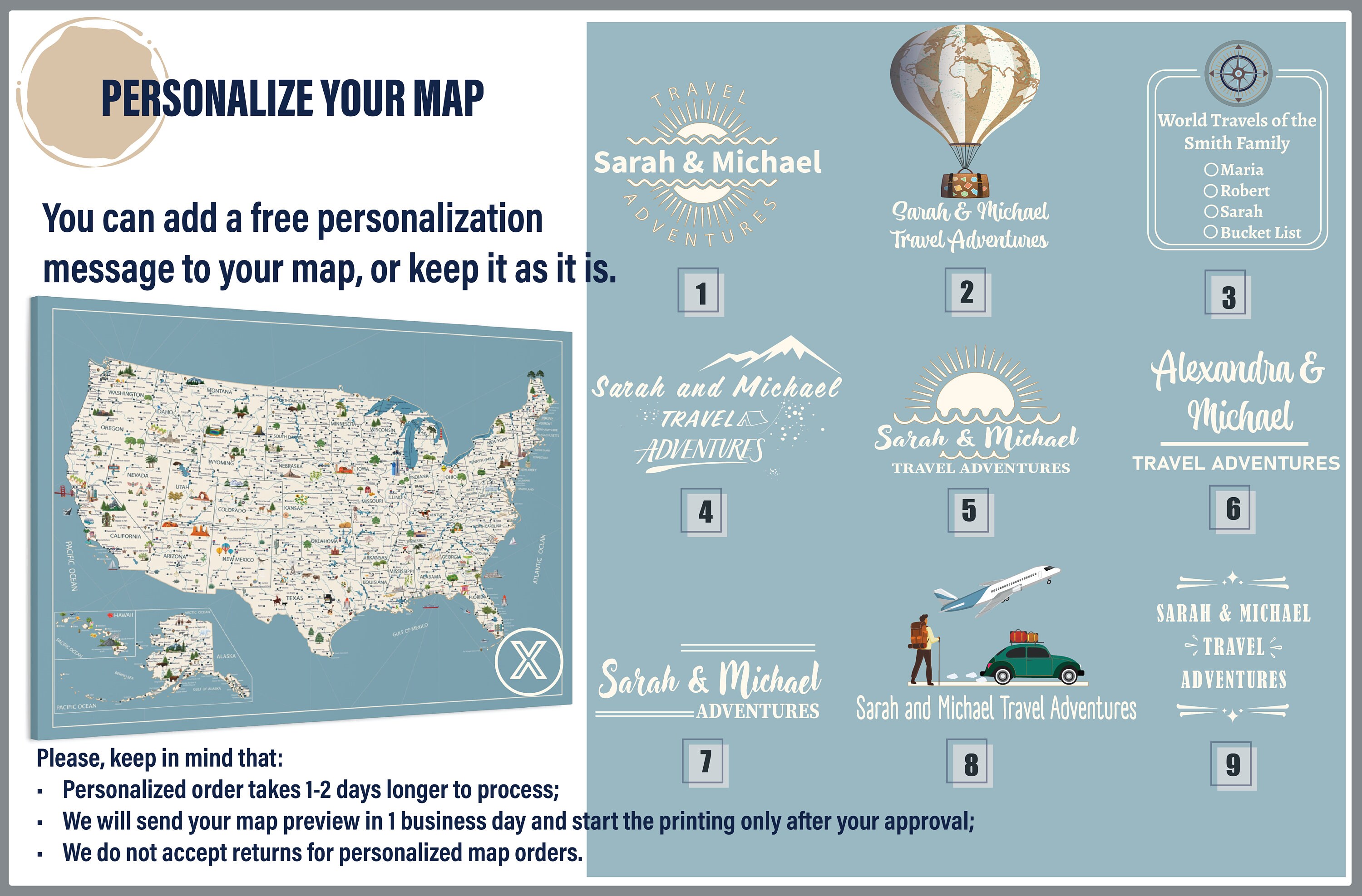 USA Travel Map - Illustrated Map - Personalized Travel Map - National ...