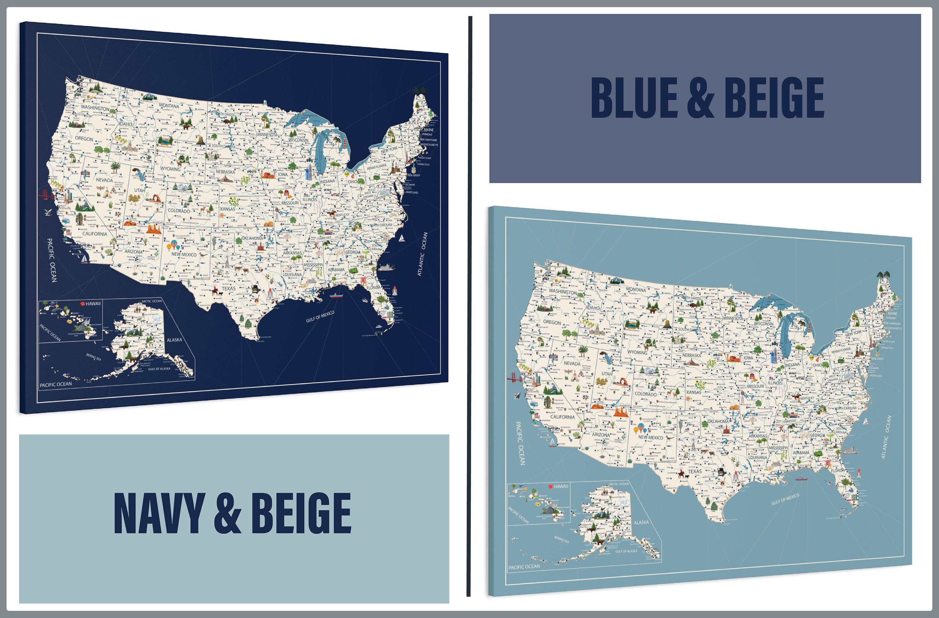 USA Travel Map Illustrated Map Personalized Travel Map National Parks ...
