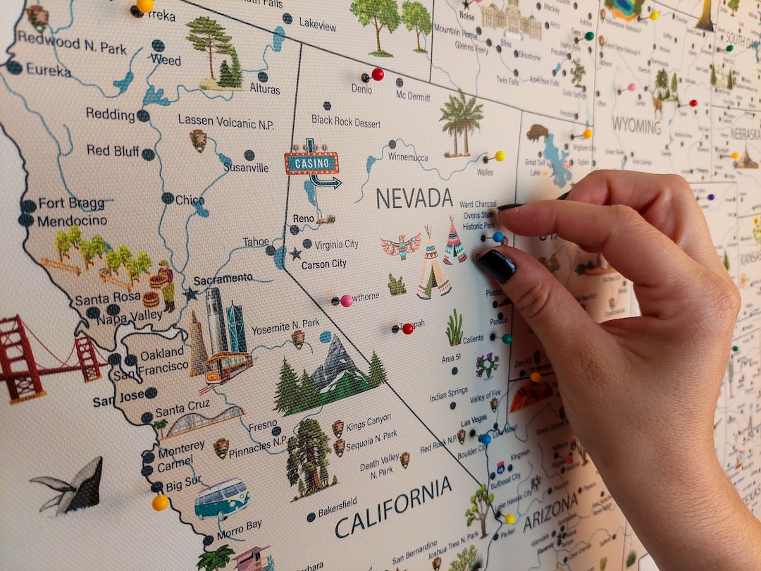 USA Travel Map - Illustrated Map - Personalized Travel Map - National Parks - Landmarks - Push ...